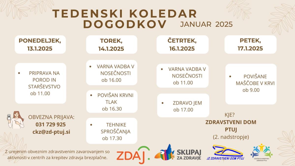 Tedenski koledar dogodkov v CKZ Ptuj (13. - 17. 1. 2025) - ptuj.si